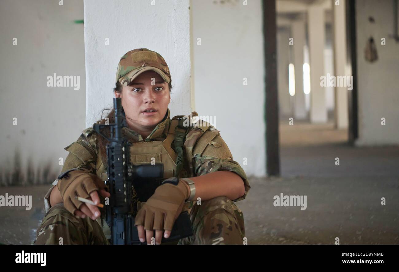 military female soldier having a break Stock Photo - Alamy