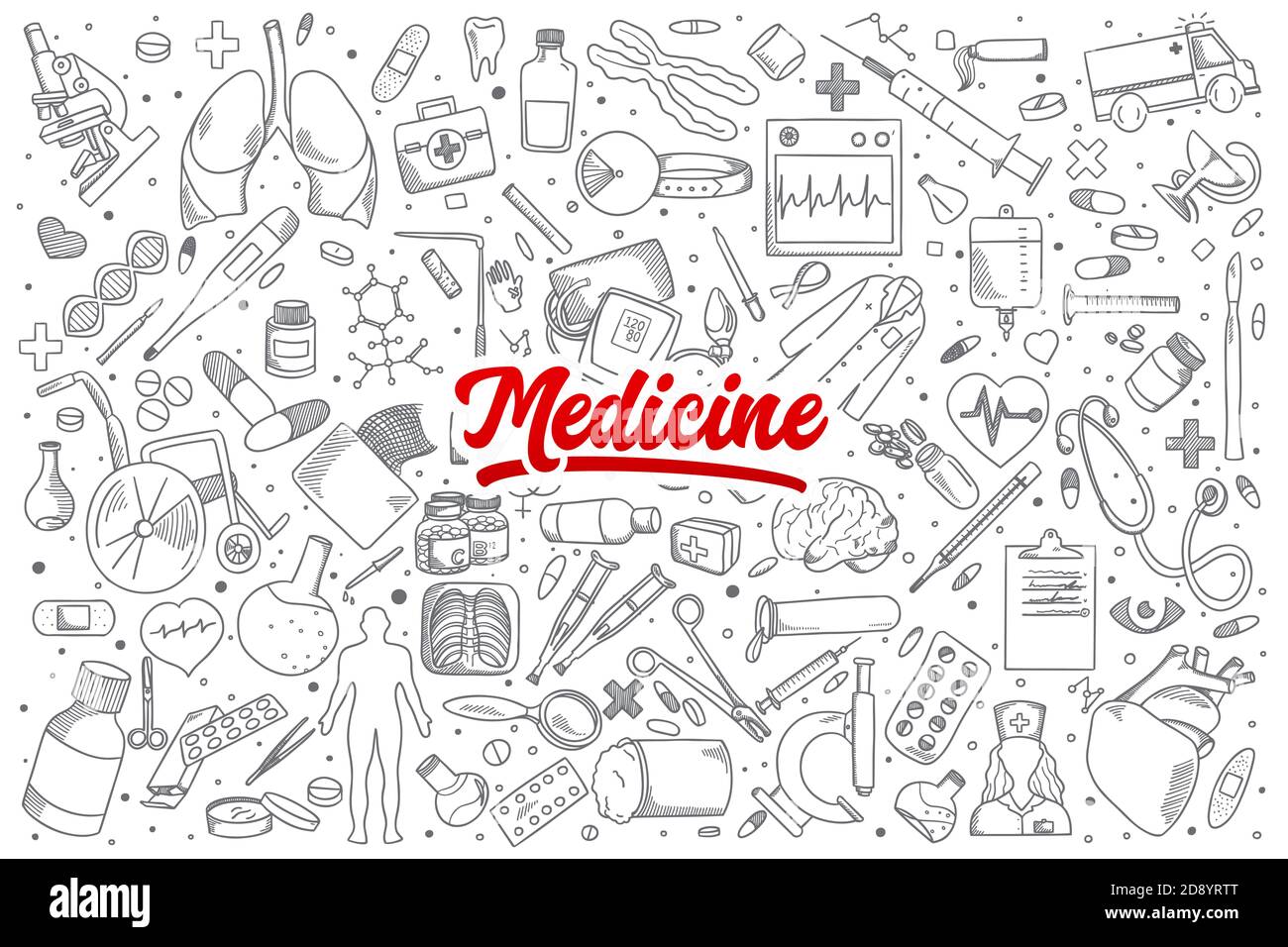 Hand drawn set of medicine doodles with red lettering in vector Stock ...