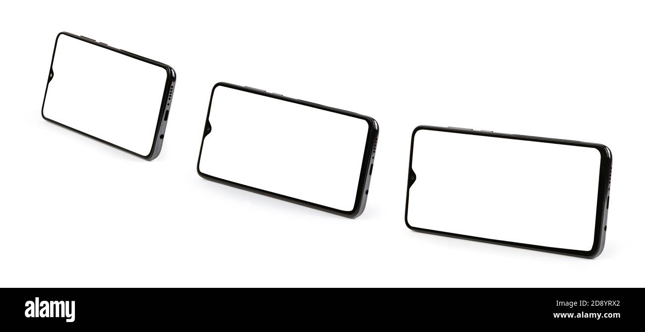 Three Black mobile smartphones with white screen. isolated on white ...