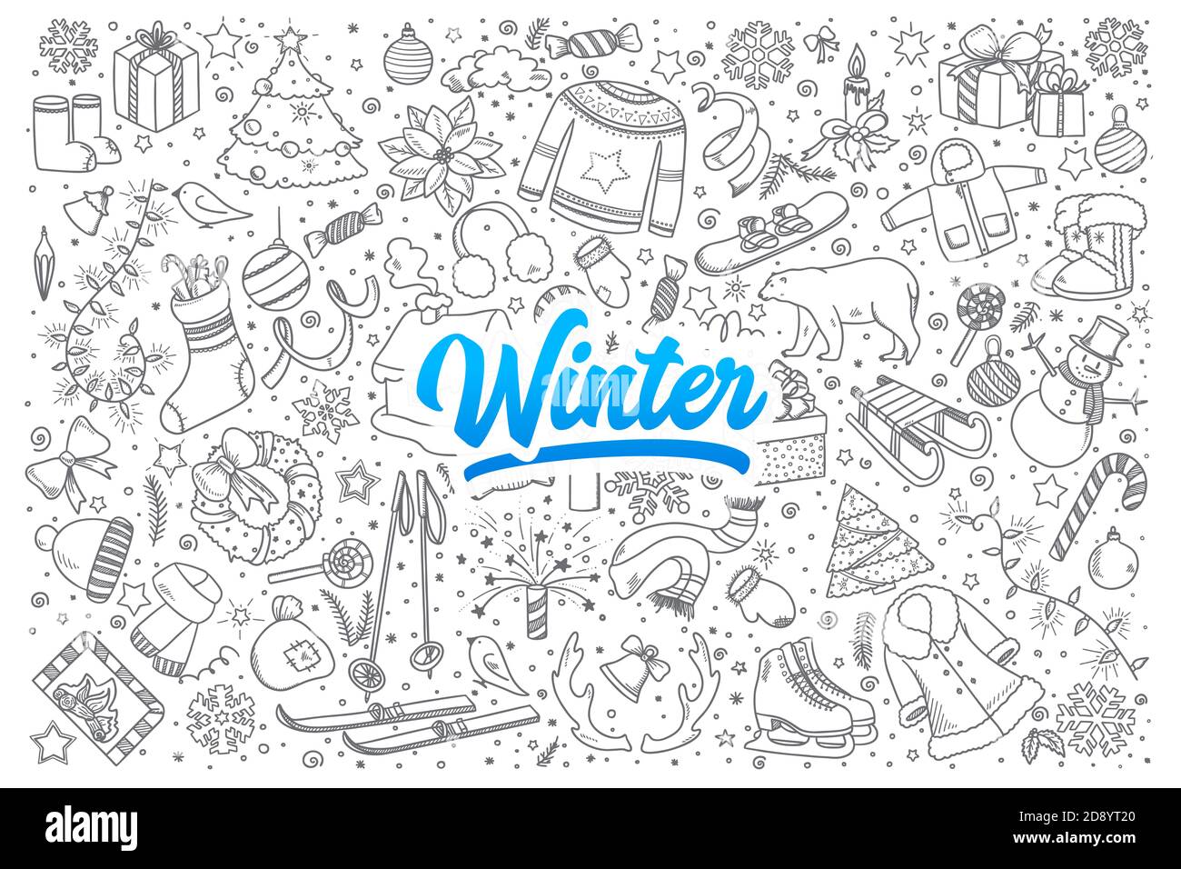 Hand drawn set of winter doodles with blue lettering in vector Stock ...