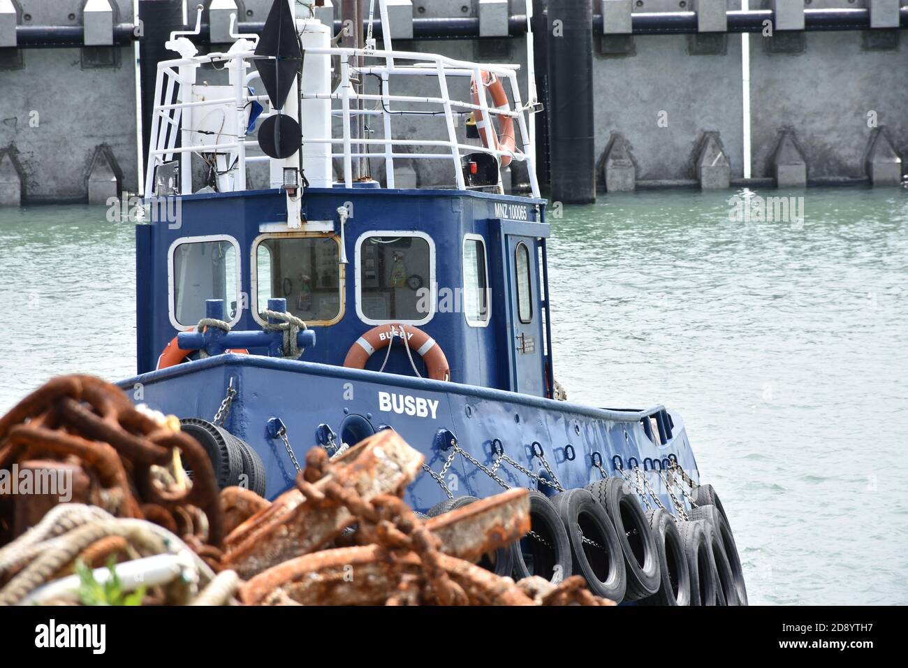AUCKLAND, NEW ZEALAND - Oct 29, 2020: View of blue Busby tug boat at ...