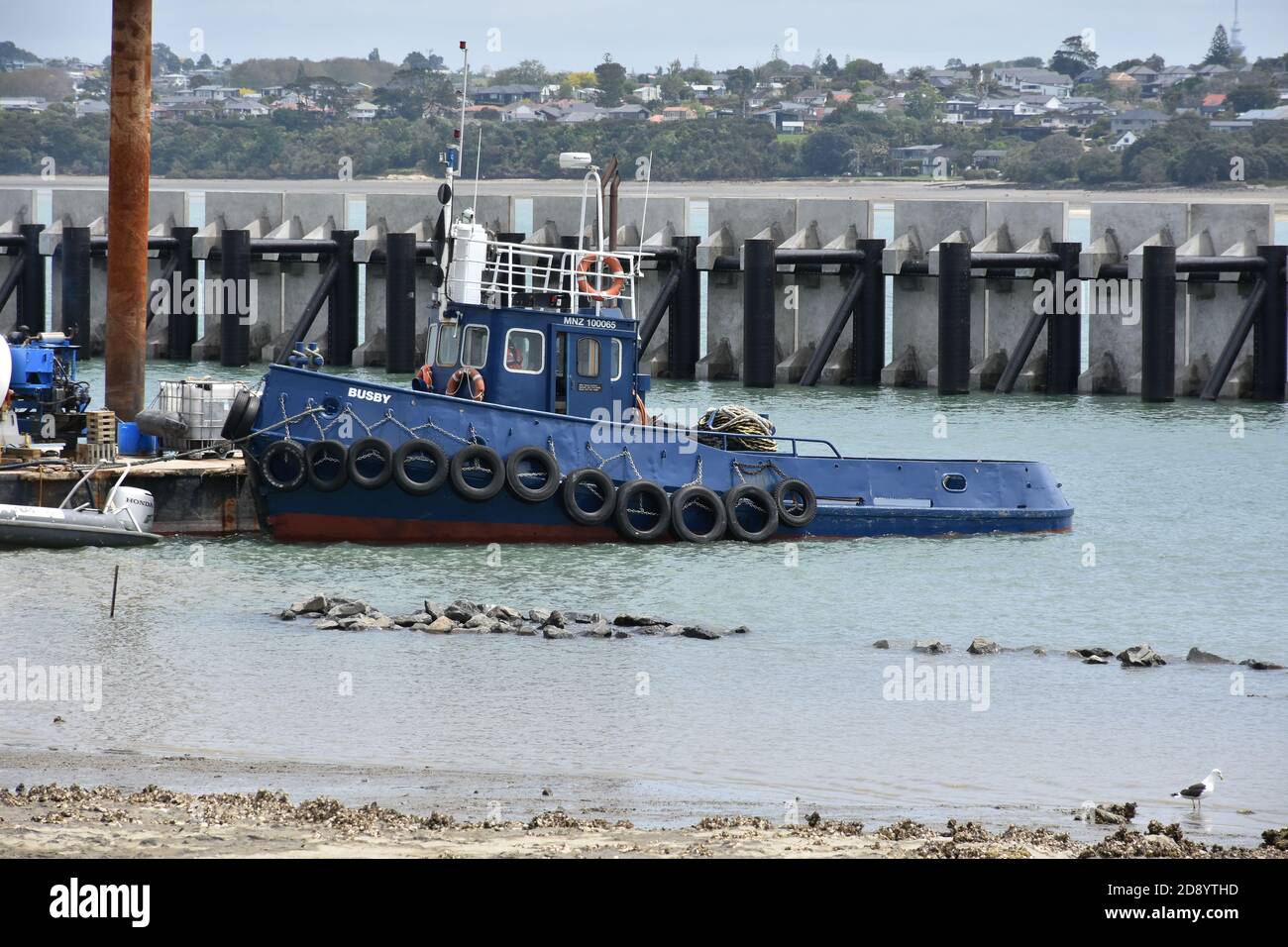 AUCKLAND, NEW ZEALAND - Oct 29, 2020: View of blue Busby tug boat at ...