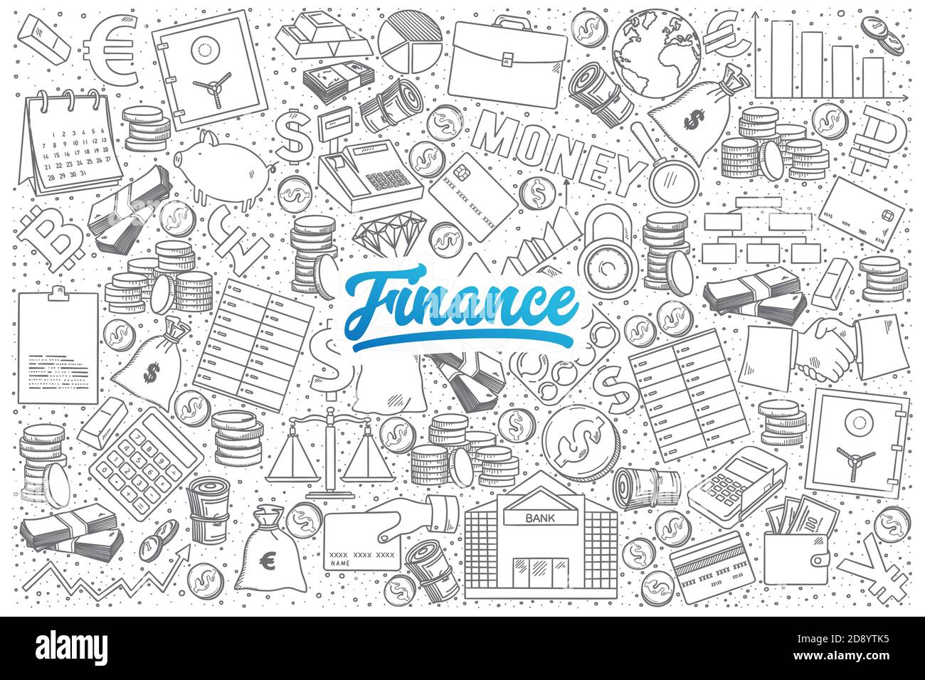 Hand drawn set of finance doodles with blue lettering in vector Stock ...