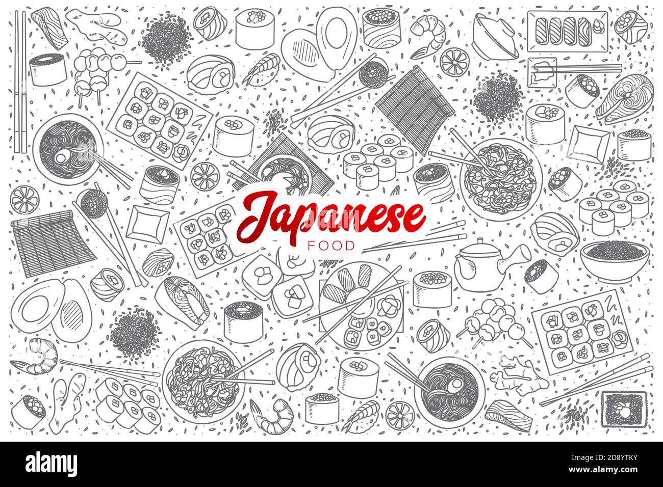 Hand drawn set of Japanese food doodles with red lettering in vector ...