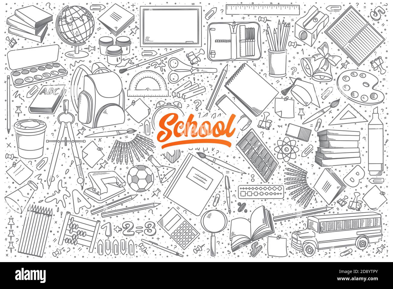 Hand drawn set of school doodles with orange lettering in vector Stock ...