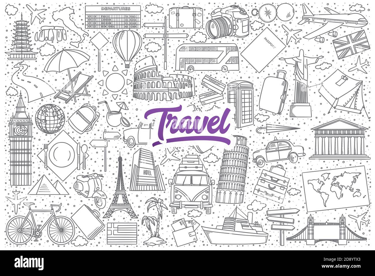 Hand drawn set of travel doodles with bright purple lettering in vector ...