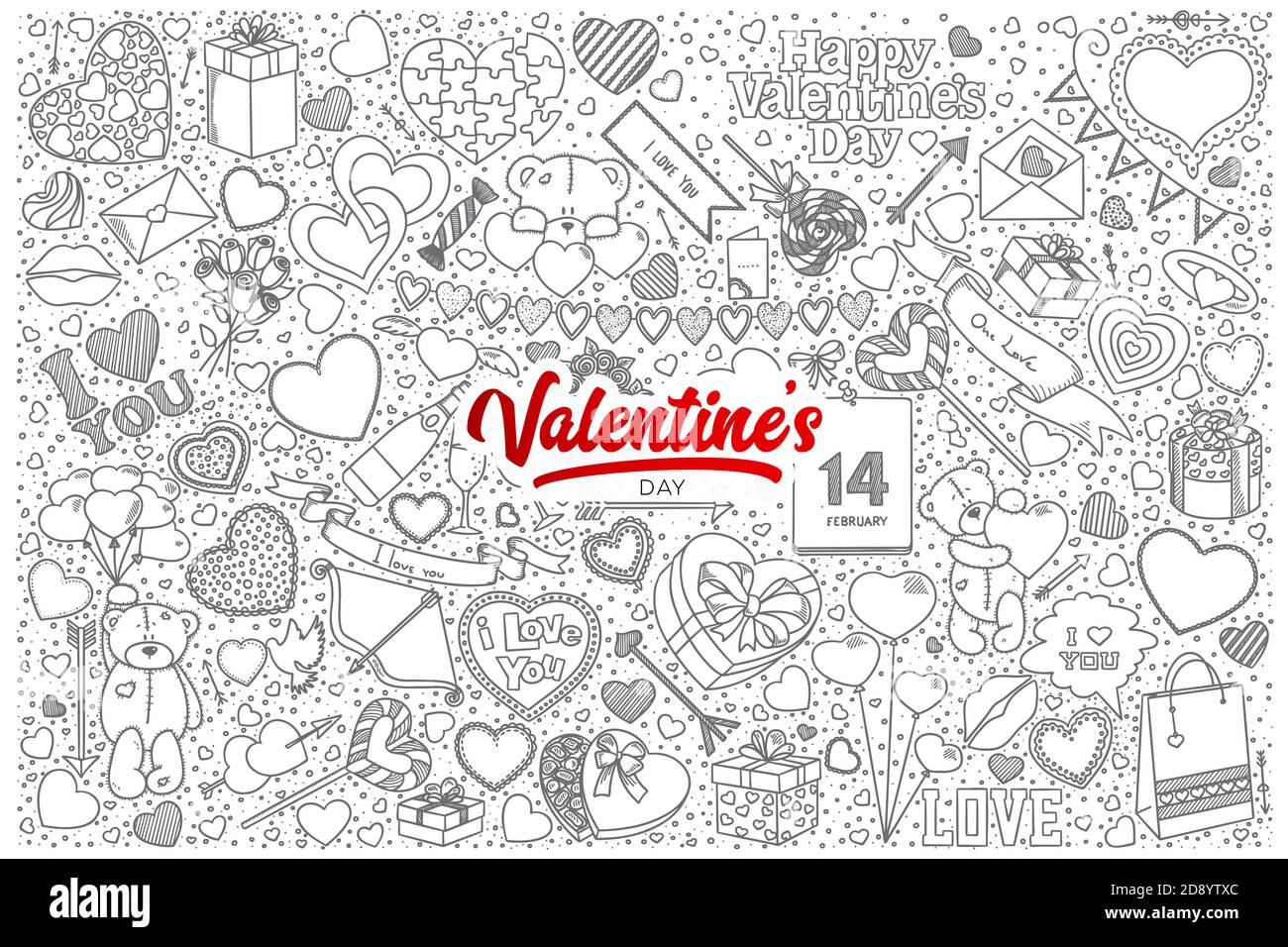 Hand drawn set of Valentine's day doodles with red lettering in vector ...