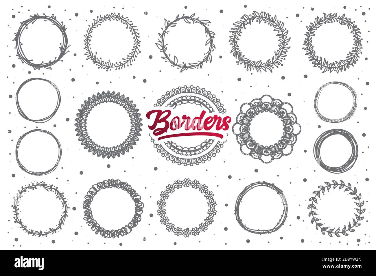 Hand drawn borders doodle set with dark red lettering in vector Stock ...