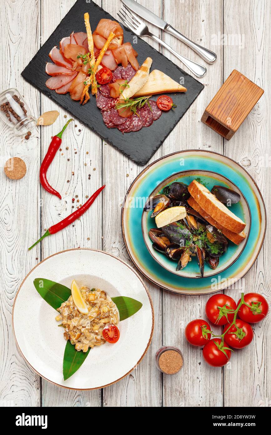 Top view of a cooked served dishes of restaurant's menu Stock Photo - Alamy