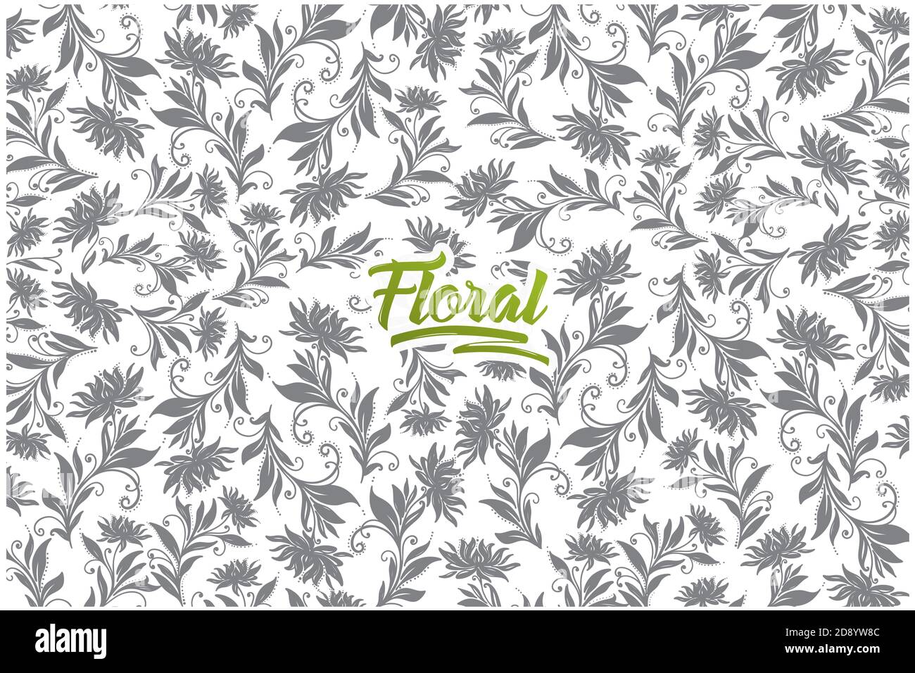Hand drawn floral pattern set background with green lettering in vector ...