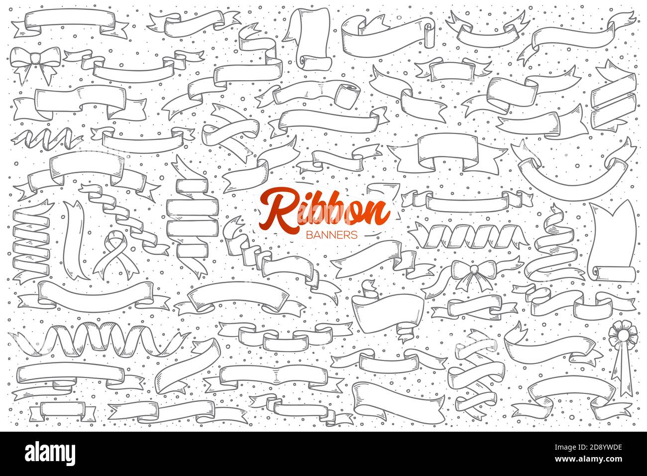 Hand drawn set of ribbon banners doodles with red lettering in vector ...