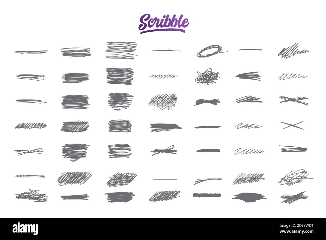 Hand drawn scribble doodle set with dark purple lettering in vector ...