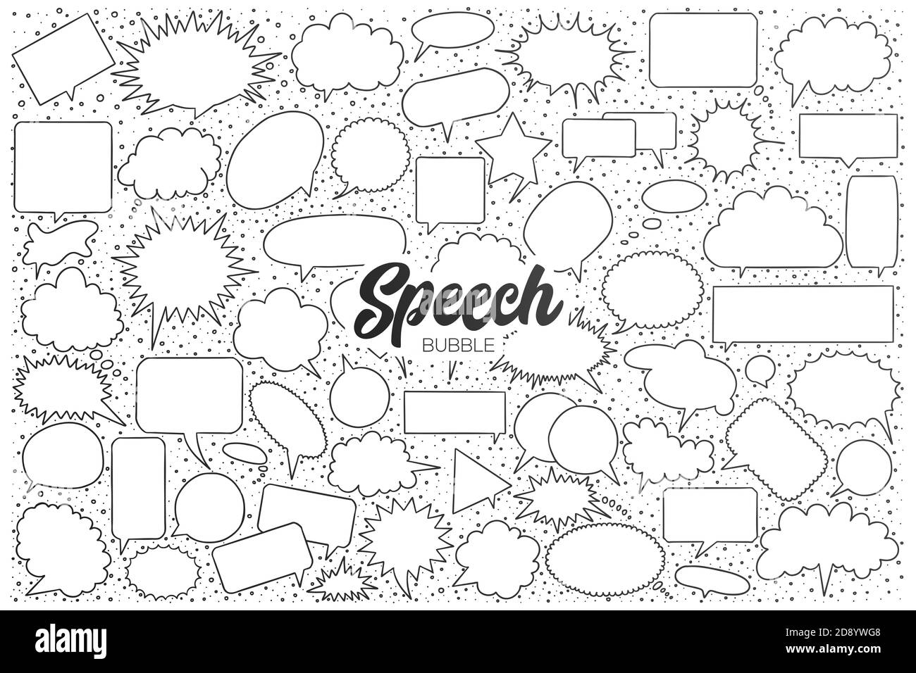 Hand drawn set of speech bubble doodles with black lettering in vector ...