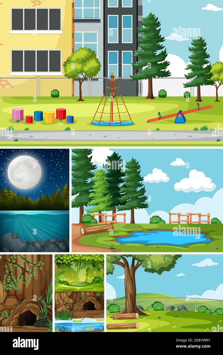 Six different scenes in nature setting cartoon style illustration Stock ...