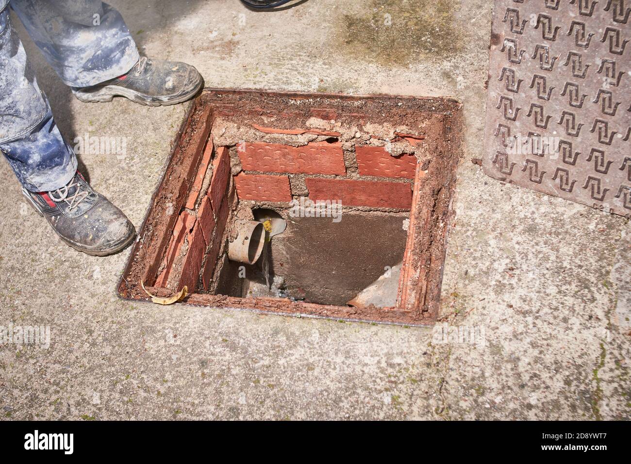 Plumber has opened the cover of a sewer box of a house that was stuck ...
