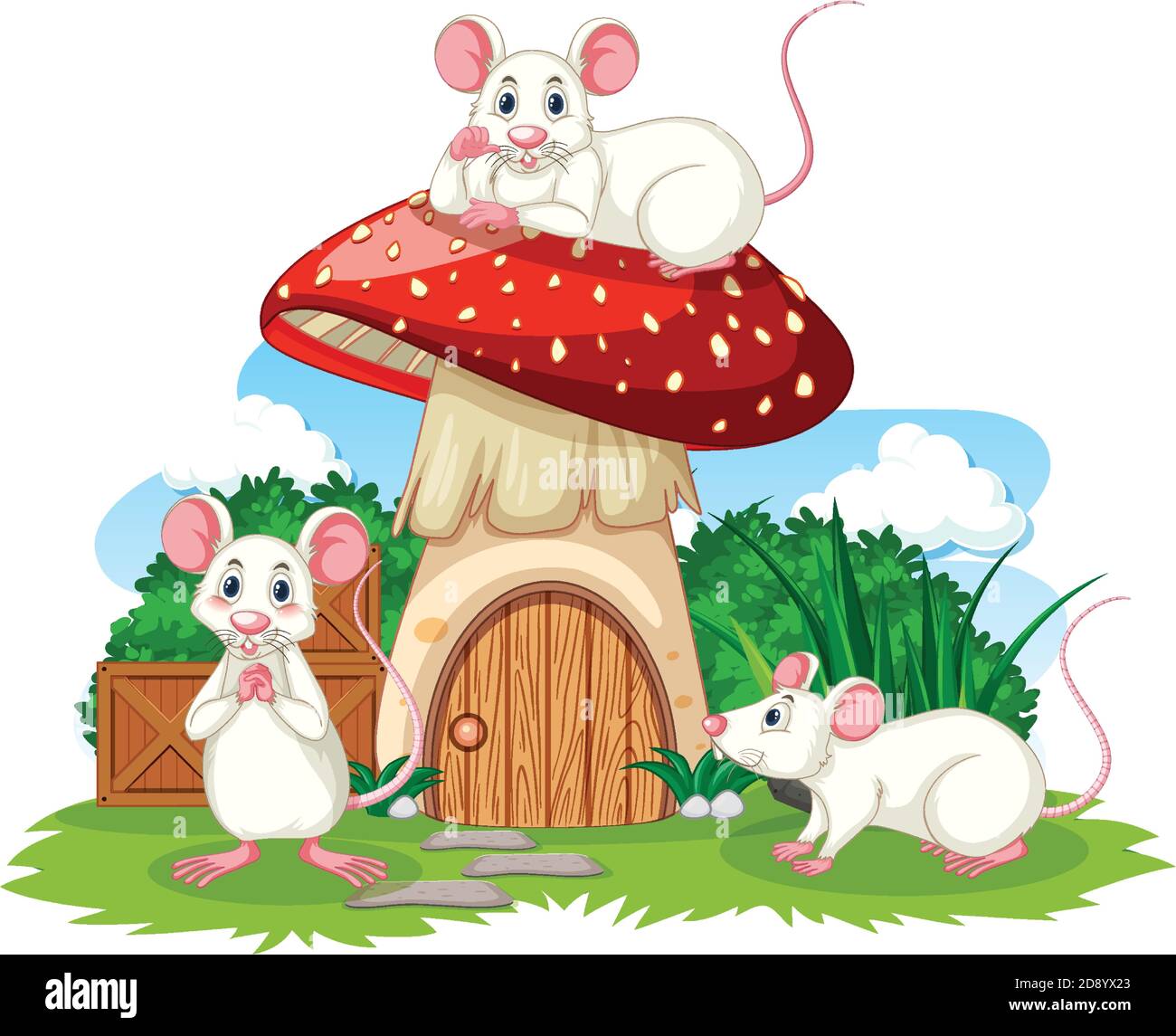 Mushroom house with three mouses cartoon style on white background ...