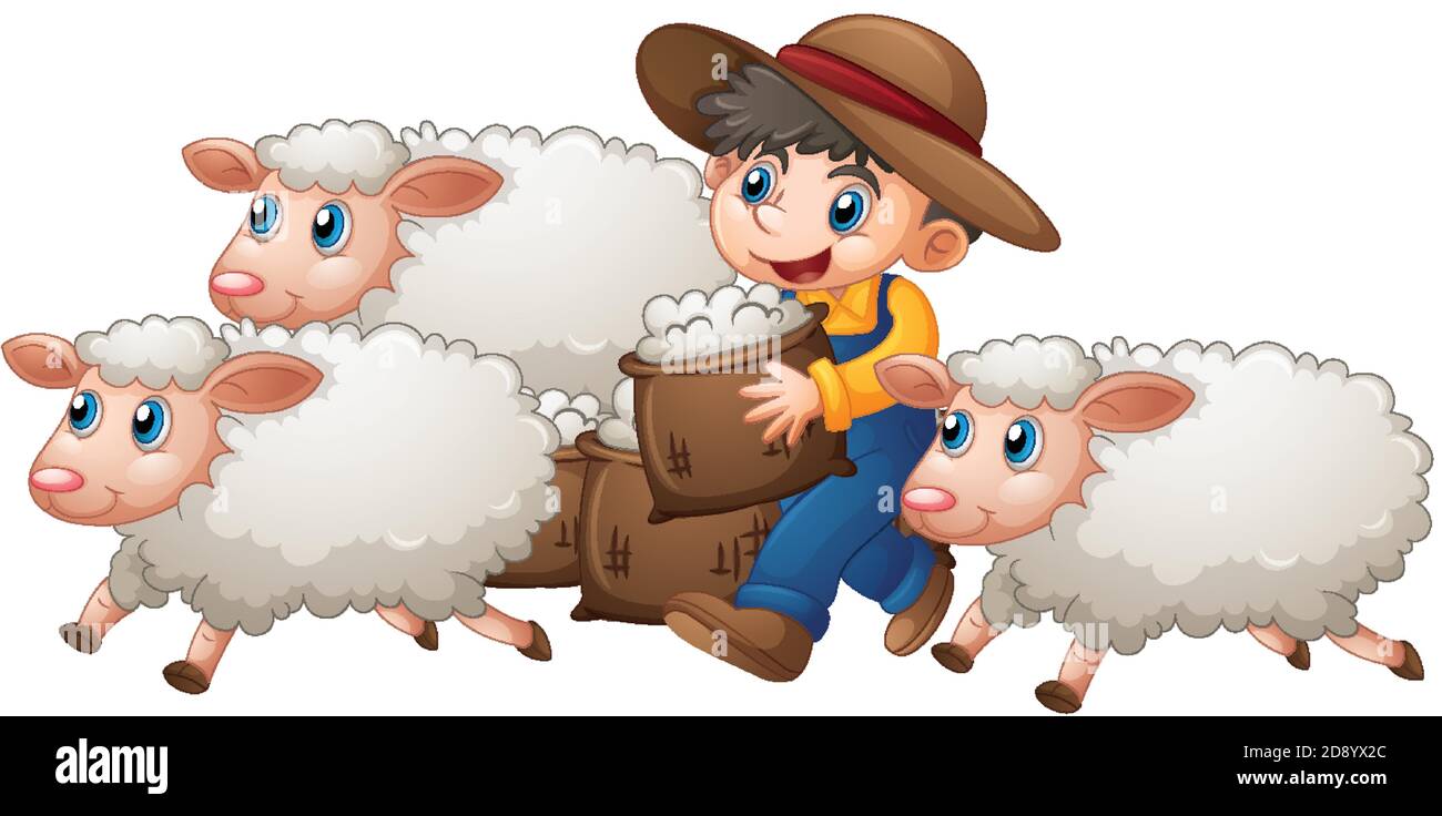 A boy with three cute sheep on white background illustration Stock ...