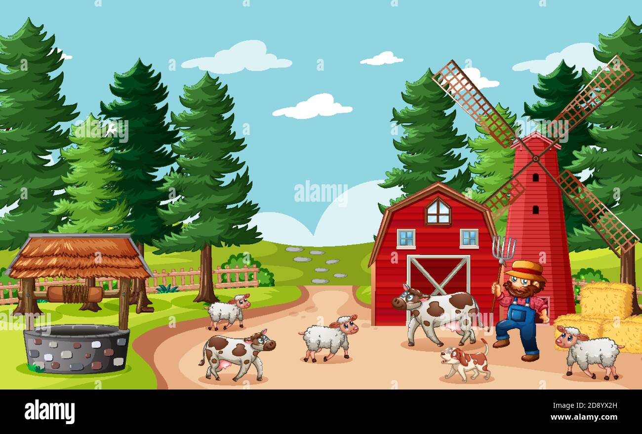 Farmer with animal farm in farm scene in cartoon style illustration ...