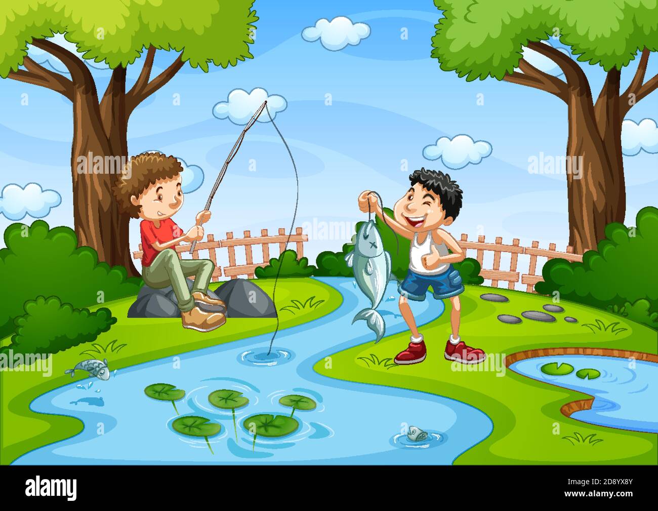 Two boys go fishing in the stream scene illustration Stock Vector Image ...