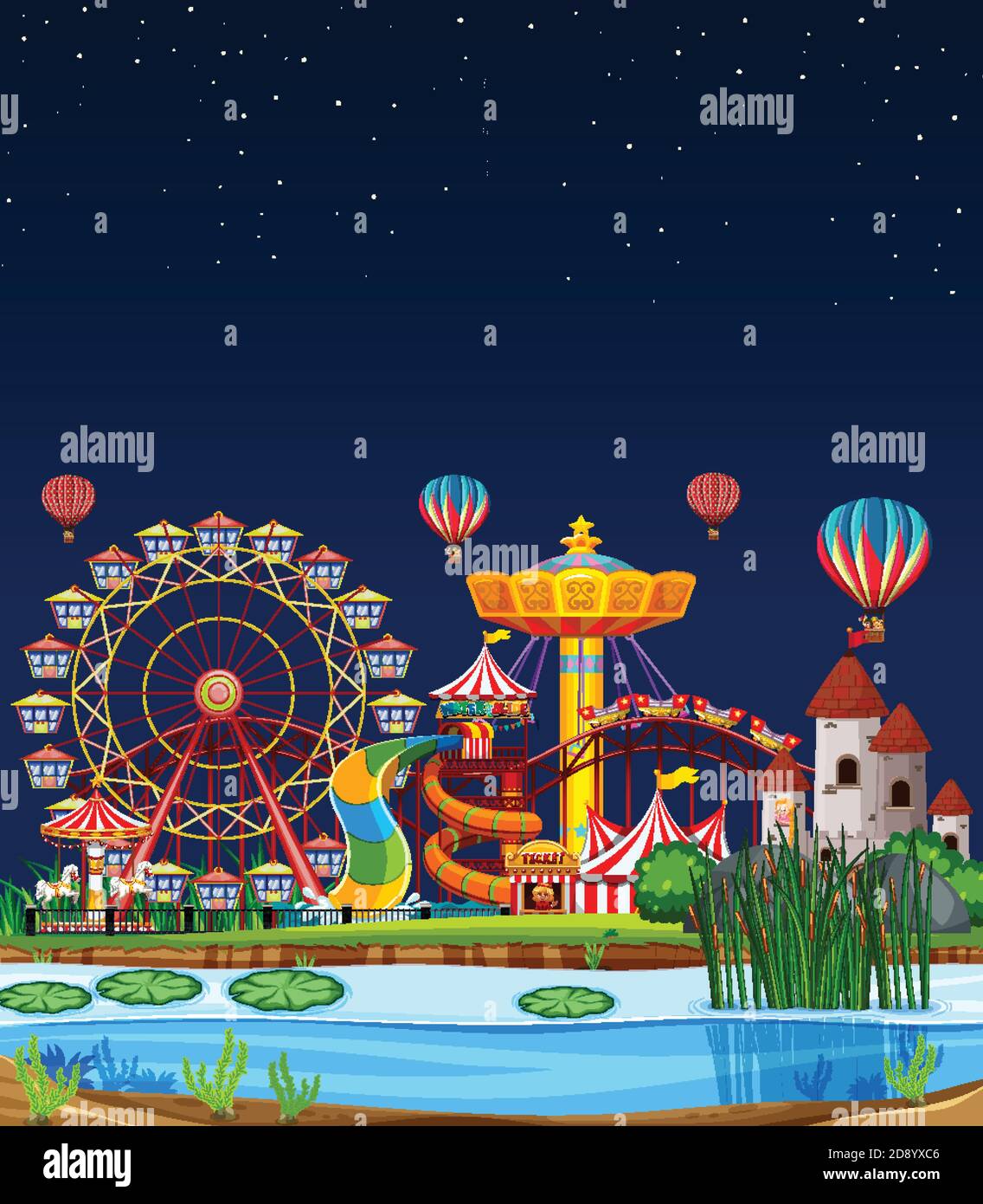 Amusement park scene at night with balloons in the sky illustration ...