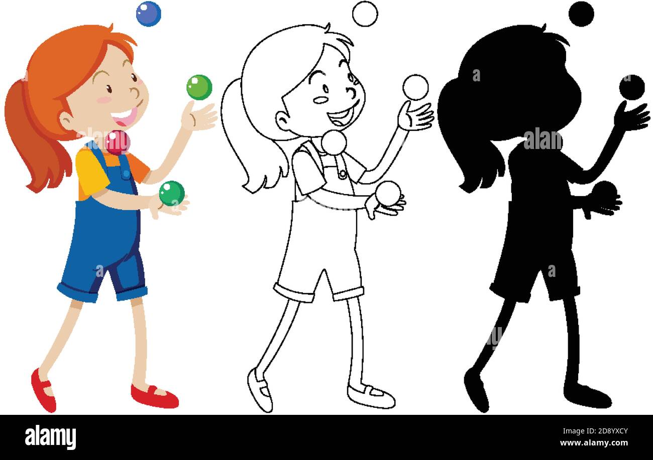 Girl playing with many balls in colour and outline and silhouette ...