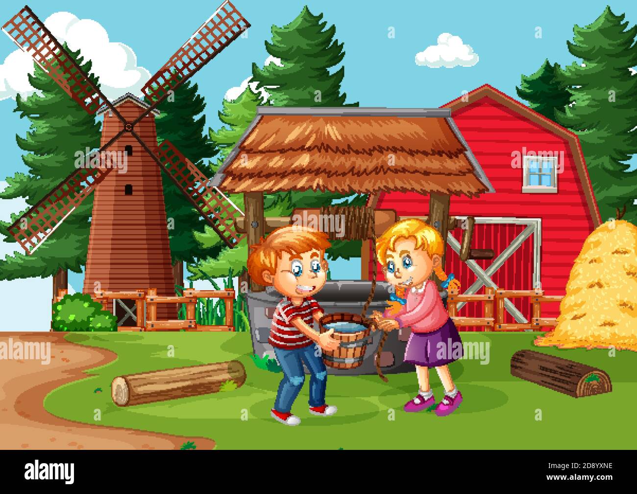 Happy family in farm scene in cartoon style illustration Stock Vector ...