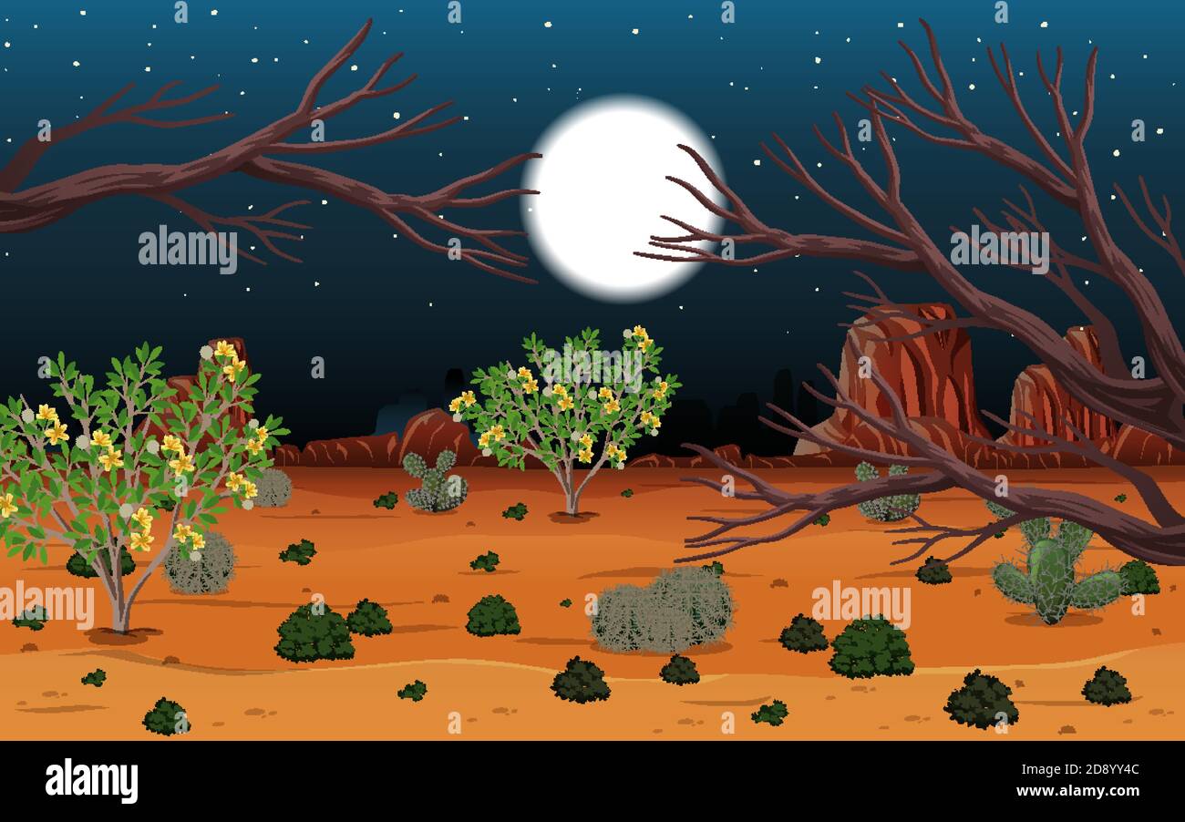Wild desert landscape at night scene illustration Stock Vector Image ...