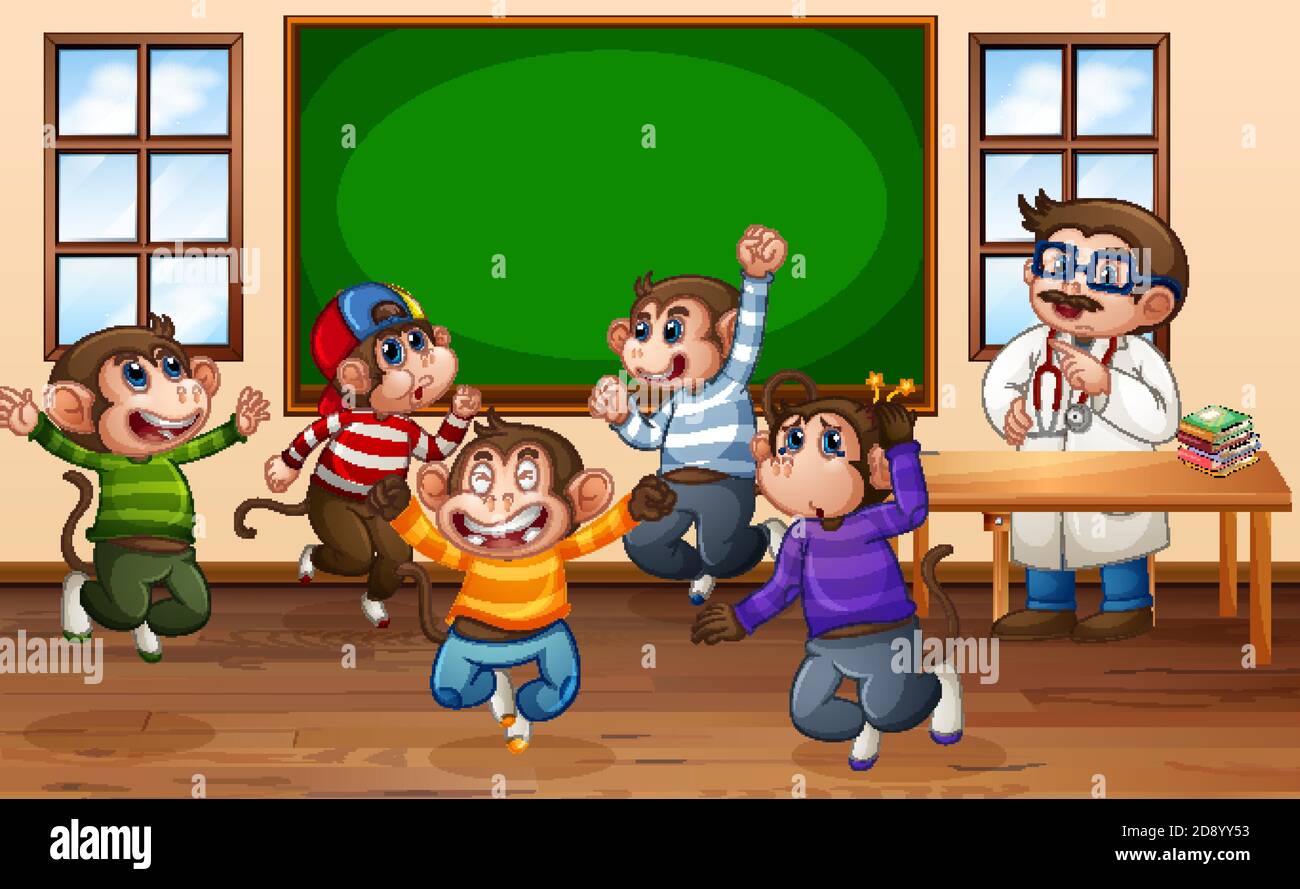 Five little monkeys jumping in the classroom with a doctor illustration ...