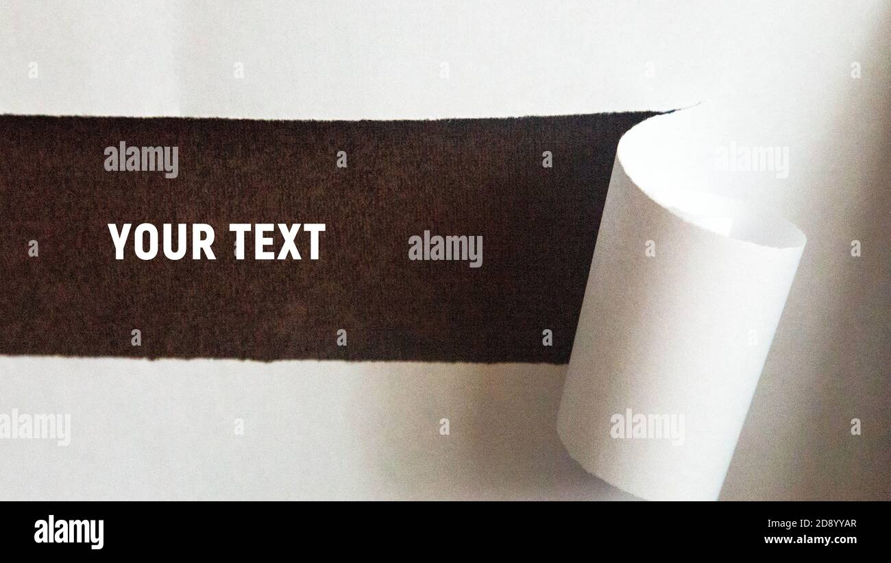 A torn strip of a sheet of white paper is rolled into a roll. Place for ...