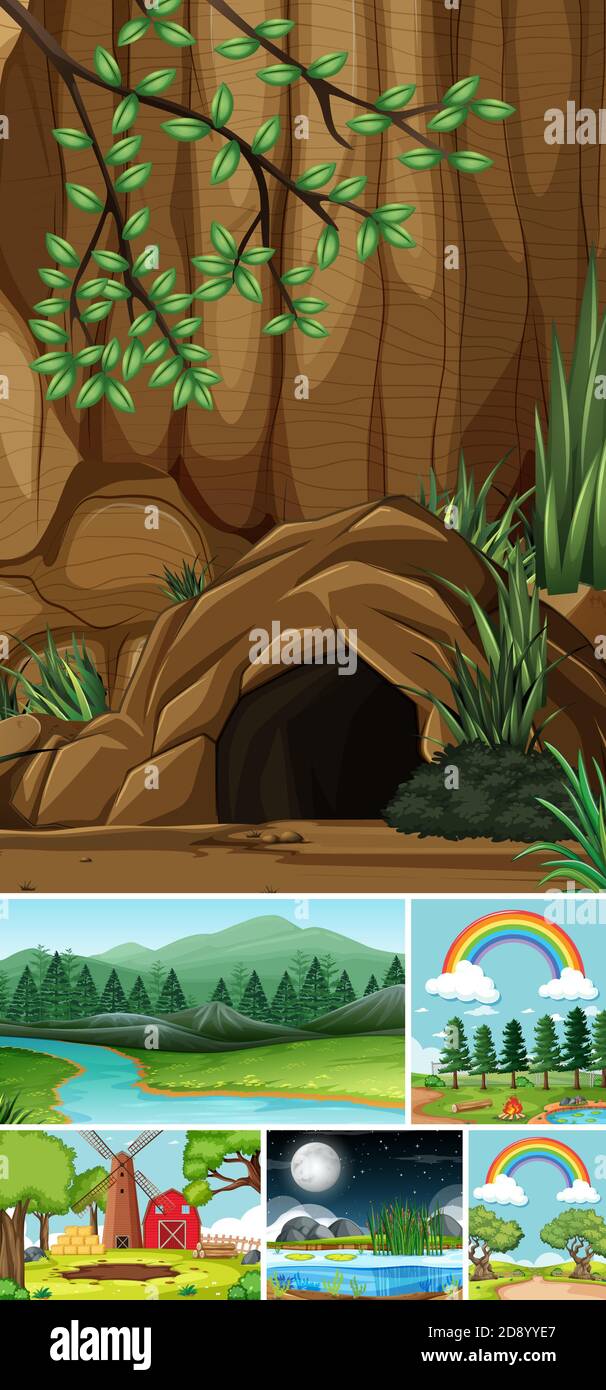 Six different scenes in nature setting cartoon style illustration Stock ...
