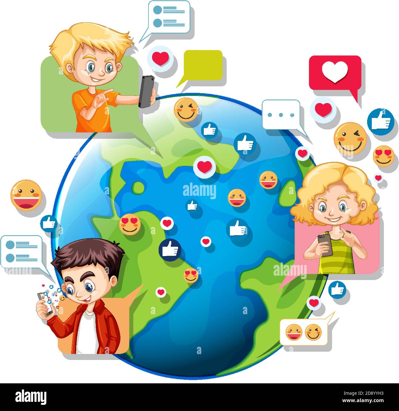 Children with social media elements on earth globe illustration Stock ...
