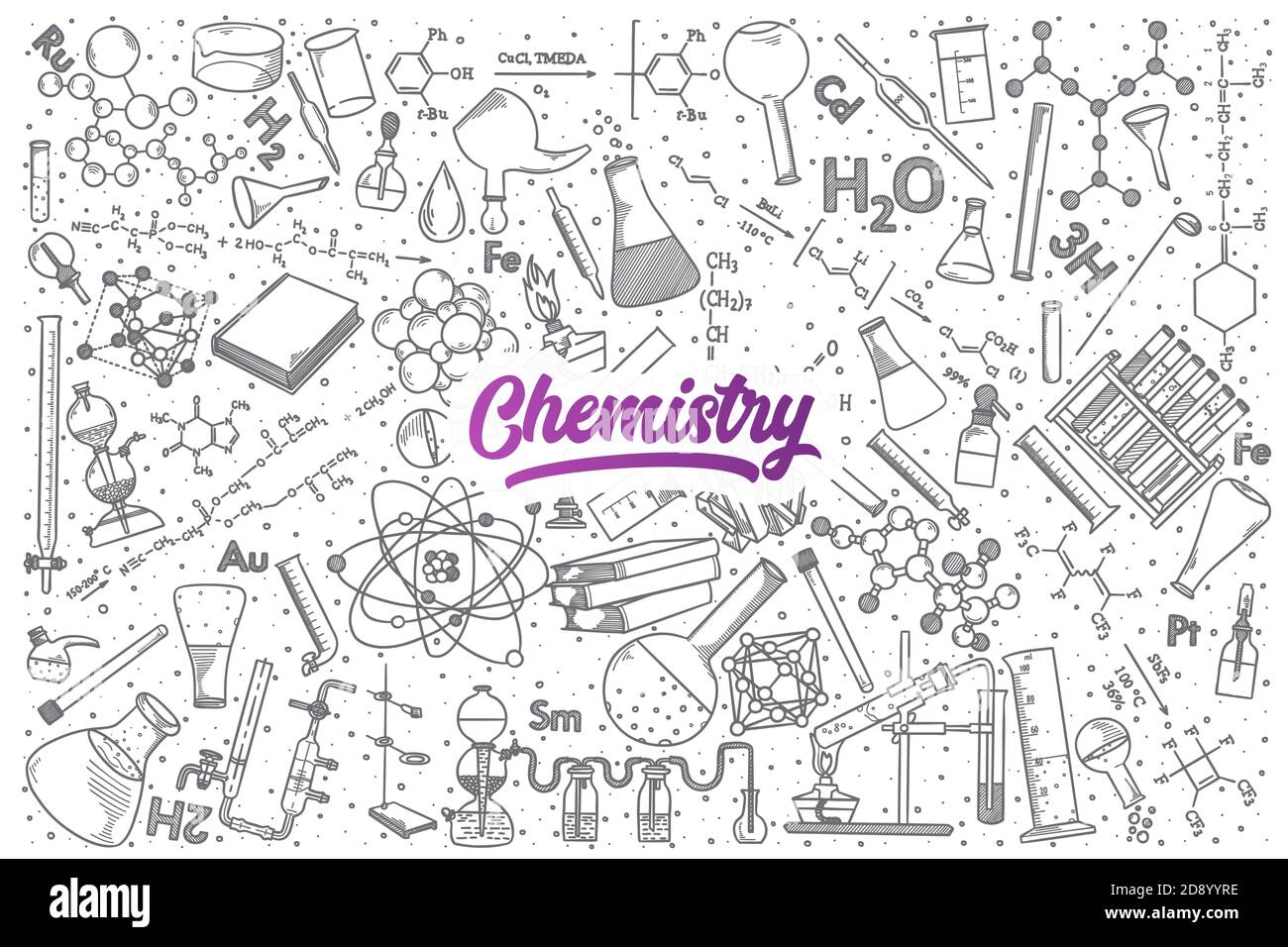 Hand drawn Chemistry doodle set background with purple lettering in ...