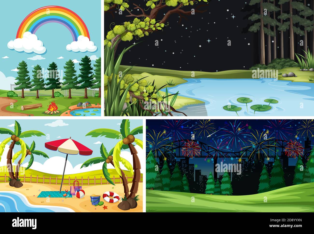Four different scenes in nature setting cartoon style illustration ...