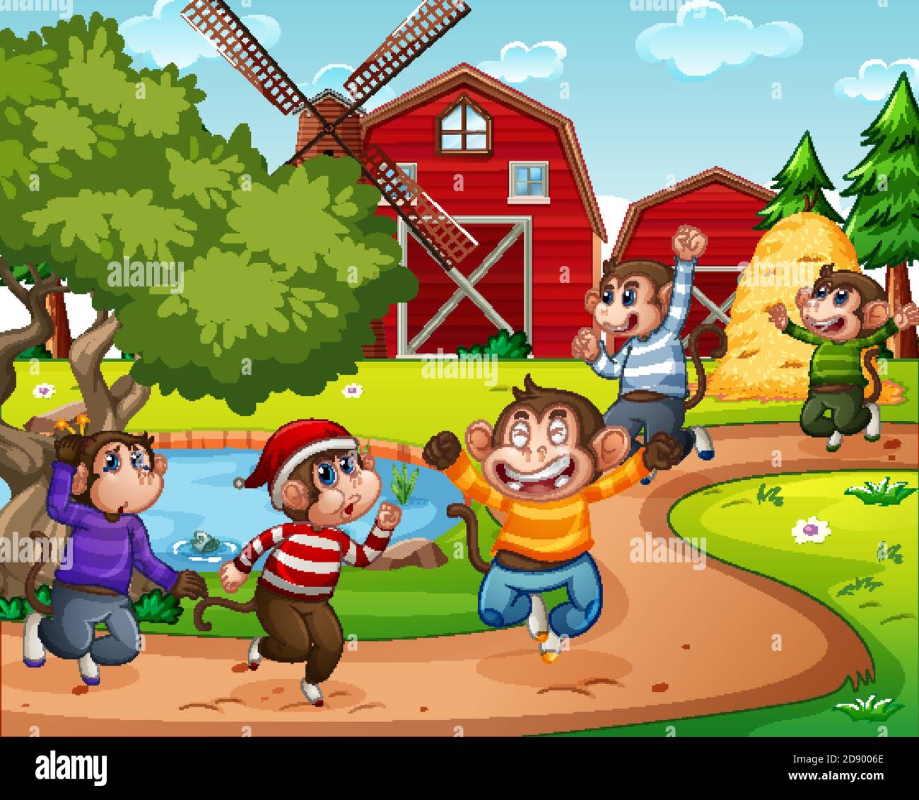 Five little monkey jumping in the farm scene illustration Stock Vector ...