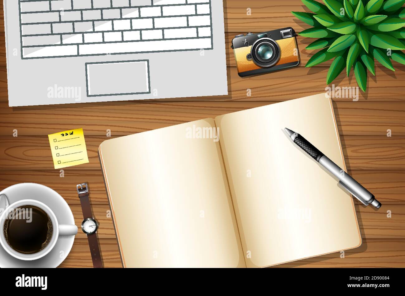 Top view office work desk with office elements with green leaves ...