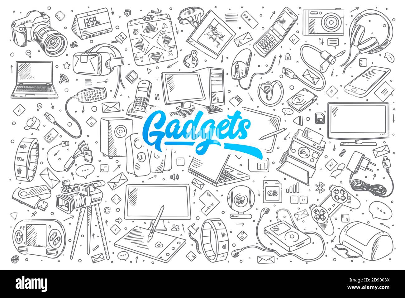 Hand drawn set of gadgets doodles with blue lettering in vector Stock ...
