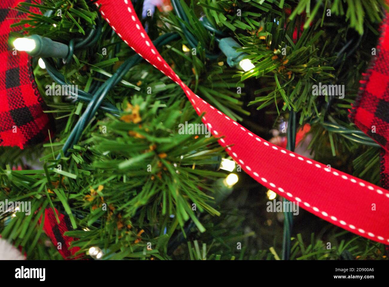 Christmas tree scene background with lights and decorations Stock Photo ...
