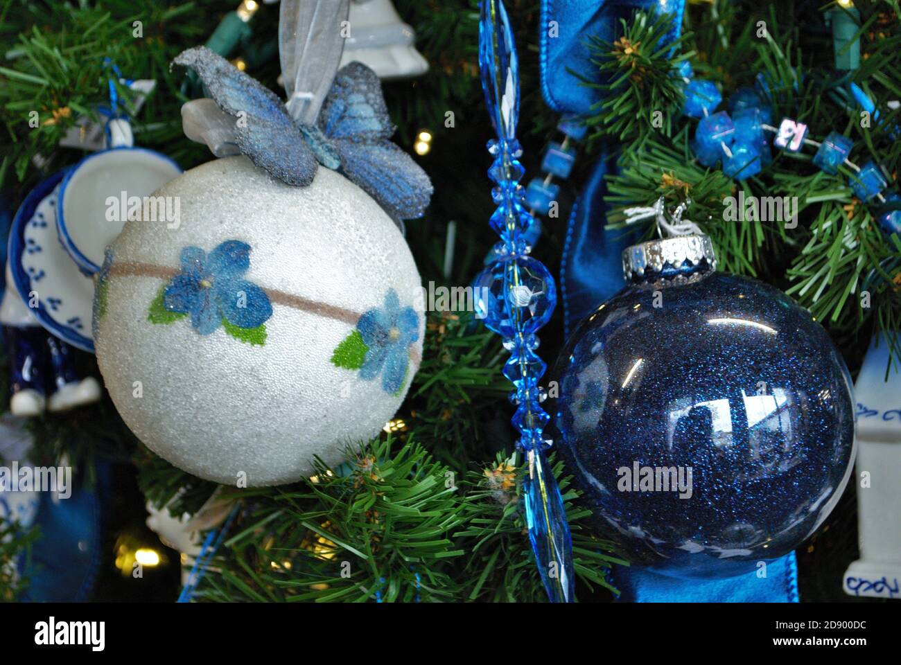 Christmas tree scene background with lights and ornaments Stock Photo ...