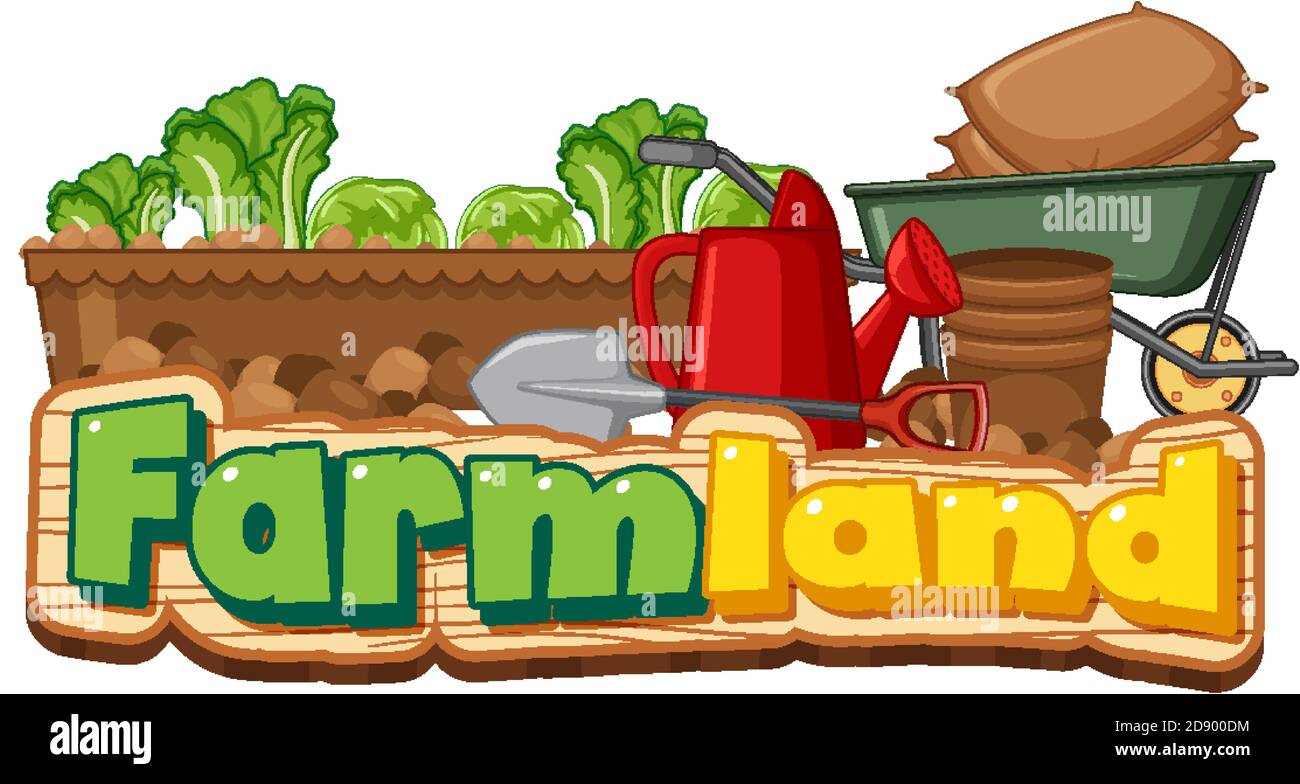Farmland logo or banner with gardening tools isolated on white ...
