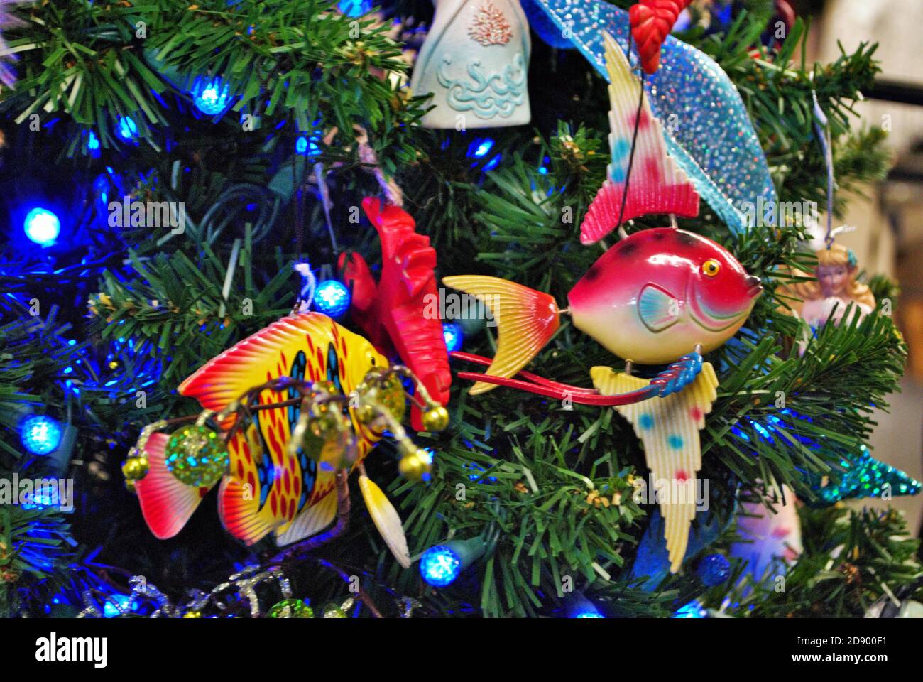 Christmas tree scene background with ocean theme and lights Stock Photo ...