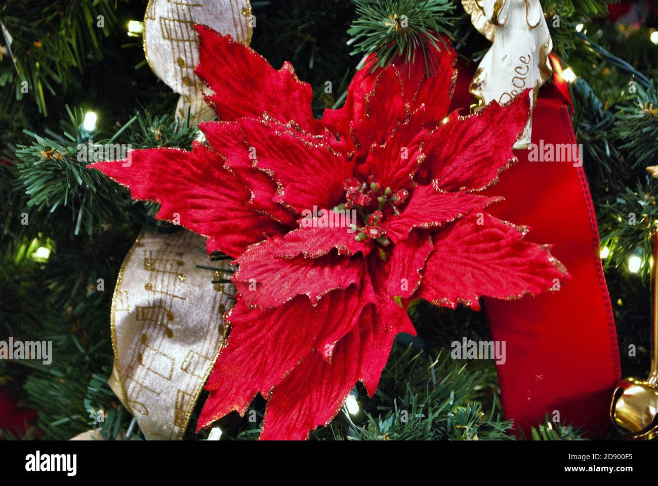 Christmas tree scene background with lights and ornaments Stock Photo ...