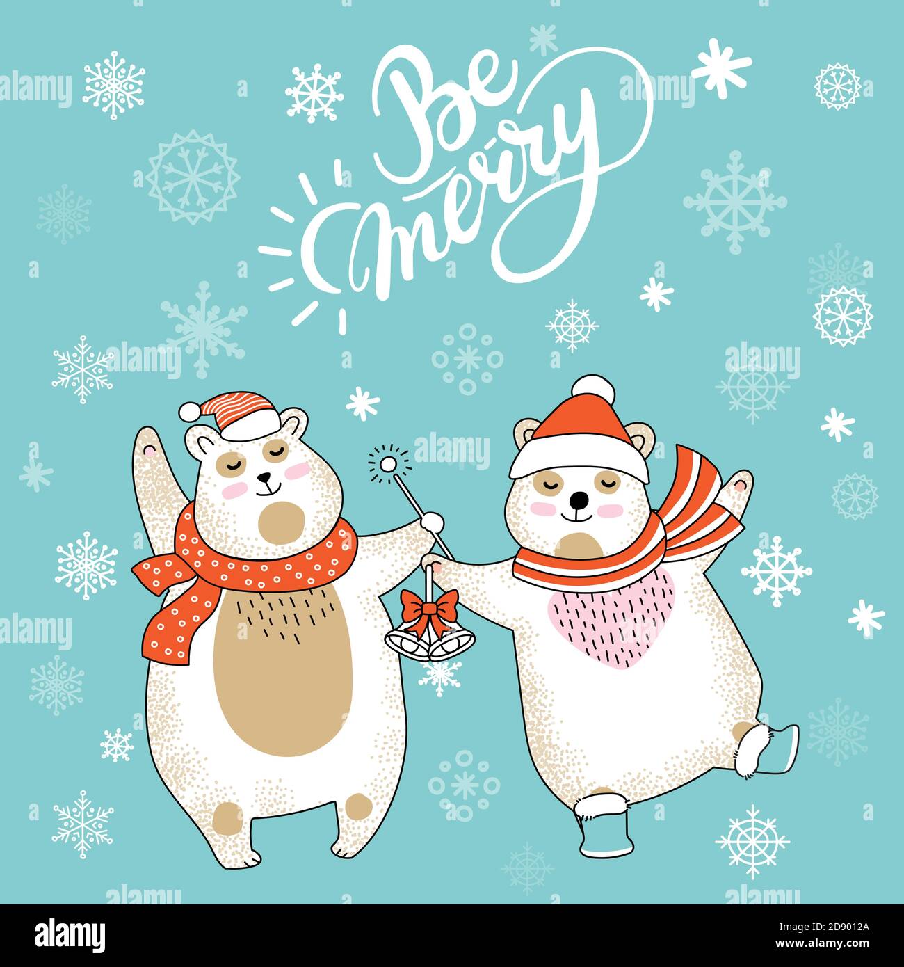 Vector Merry Christmas card with funny happy characters celebrating ...