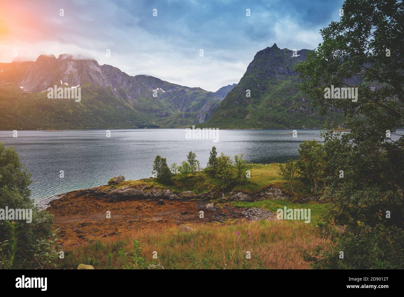View of the fjord. Rocky sea shore with dramatic sky. Beautiful nature ...