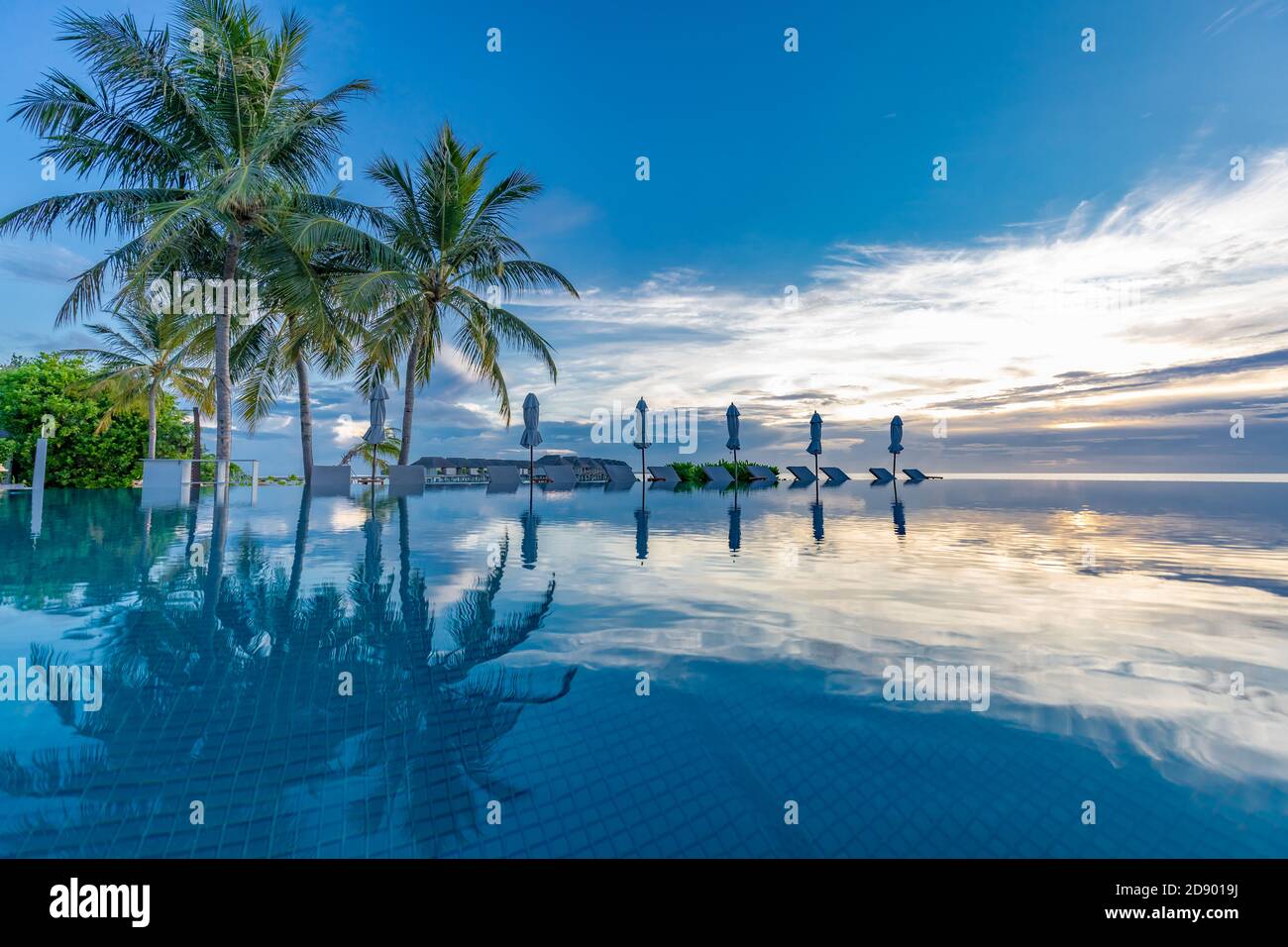 Summer beach swimming pool on sunny day with reflection of palm trees ...