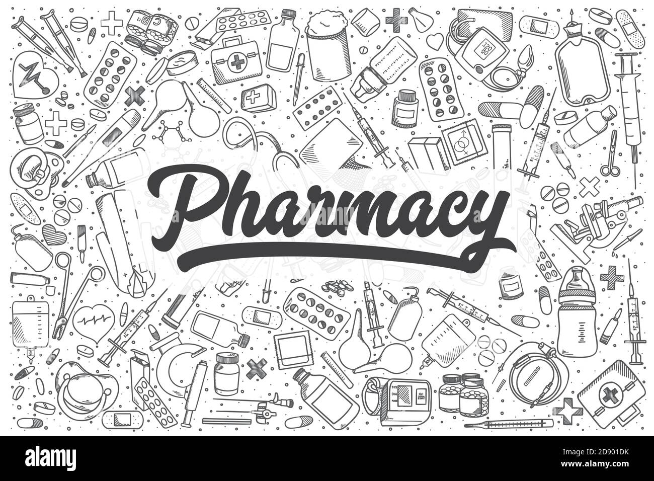 Hand drawn pharmacy doodle set. Lettering - Pharmacy Stock Photo - Alamy