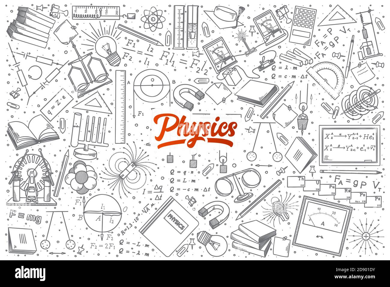 Hand drawn Physics doodle set background with red lettering in vector ...