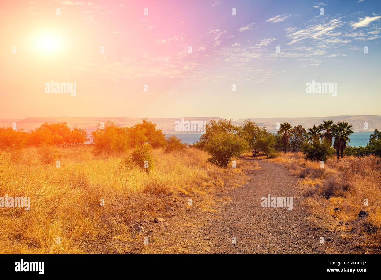 Seascape on Northern Israel. Dirt road to Sea of Galilee. The Lake of ...