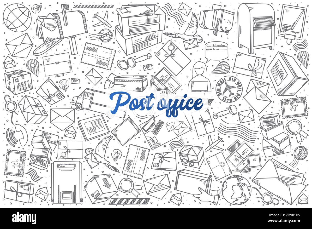 Hand drawn Post office doodle set background with blue lettering in ...