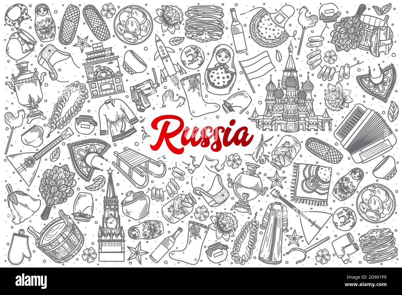 Hand drawn Russia doodle set background with red lettering in vector ...