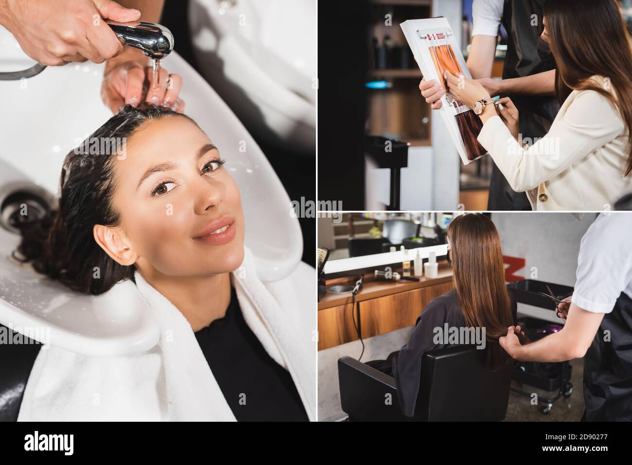 collage of barber washing hair of woman, cutting her hair and showing ...